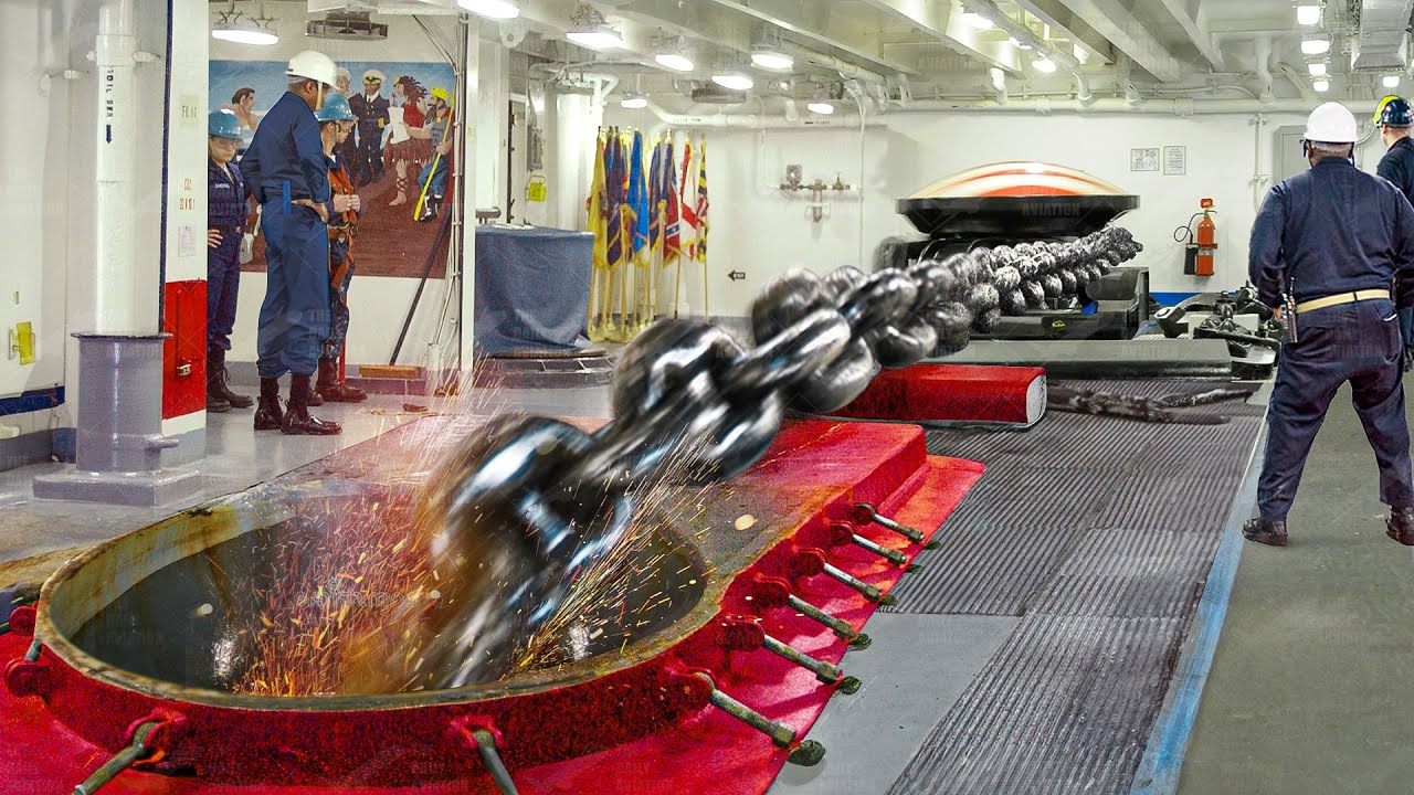 US Navy Dropping Massive Anchor Chain to Stop a Moving Aircraft Carrier ...