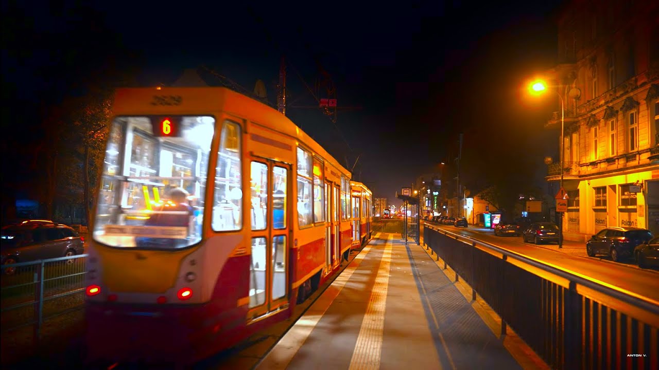 Poland, Łódź, tram 6 night ride from Piotrkowska Centrum to Struga ...