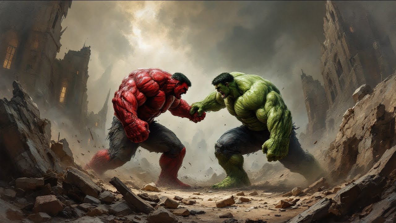 An epic showdown between Red Hulk and Green Hulk in a ruined ...