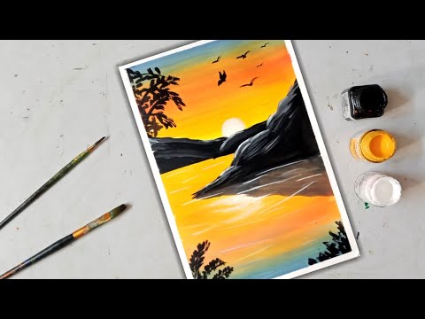 Easy and Beautiful Painting for beginners // Easy lake Sunset painting ...