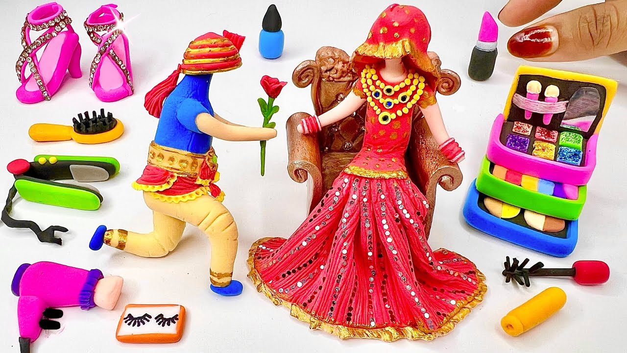 Diy How To Make Polymer Clay Miniature Makeup set, Doll, Lehnga, Shoes ...