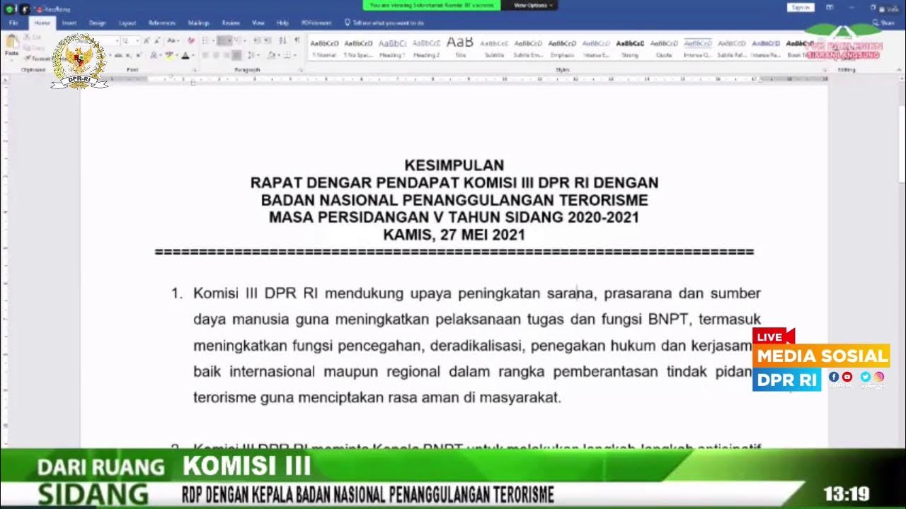 LIVE STREAMING - KOMISI III DPR RI RDP DENGAN KEPALA BNPT - YouTube
