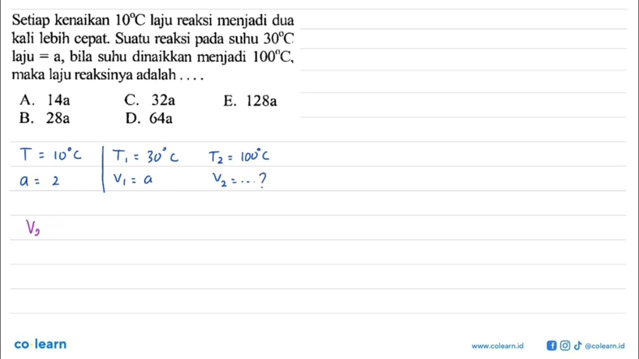 Setiap kenaikan 10 C laju reaksi menjadi dua kali lebih cepat. Suatu reaksi pada suhu 30 C. laju ...
