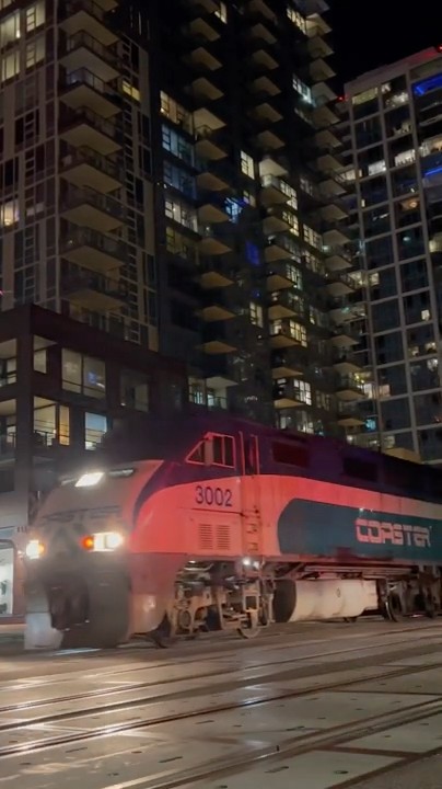 NCTD Coaster F59PHI 3002 leading Bombardier bi-levels out of Santa Fe ...