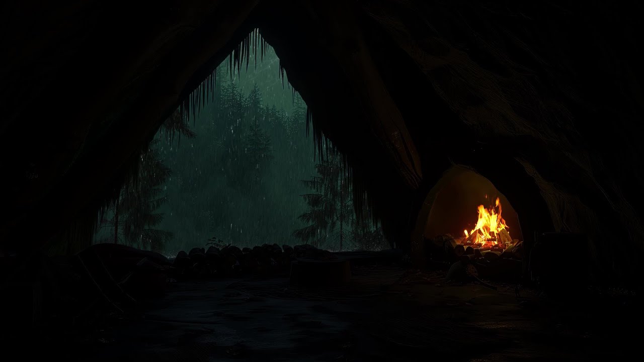 Hiding From a Heavy Rain and Thunder in a Cozy Warm Cave in The Forest ...