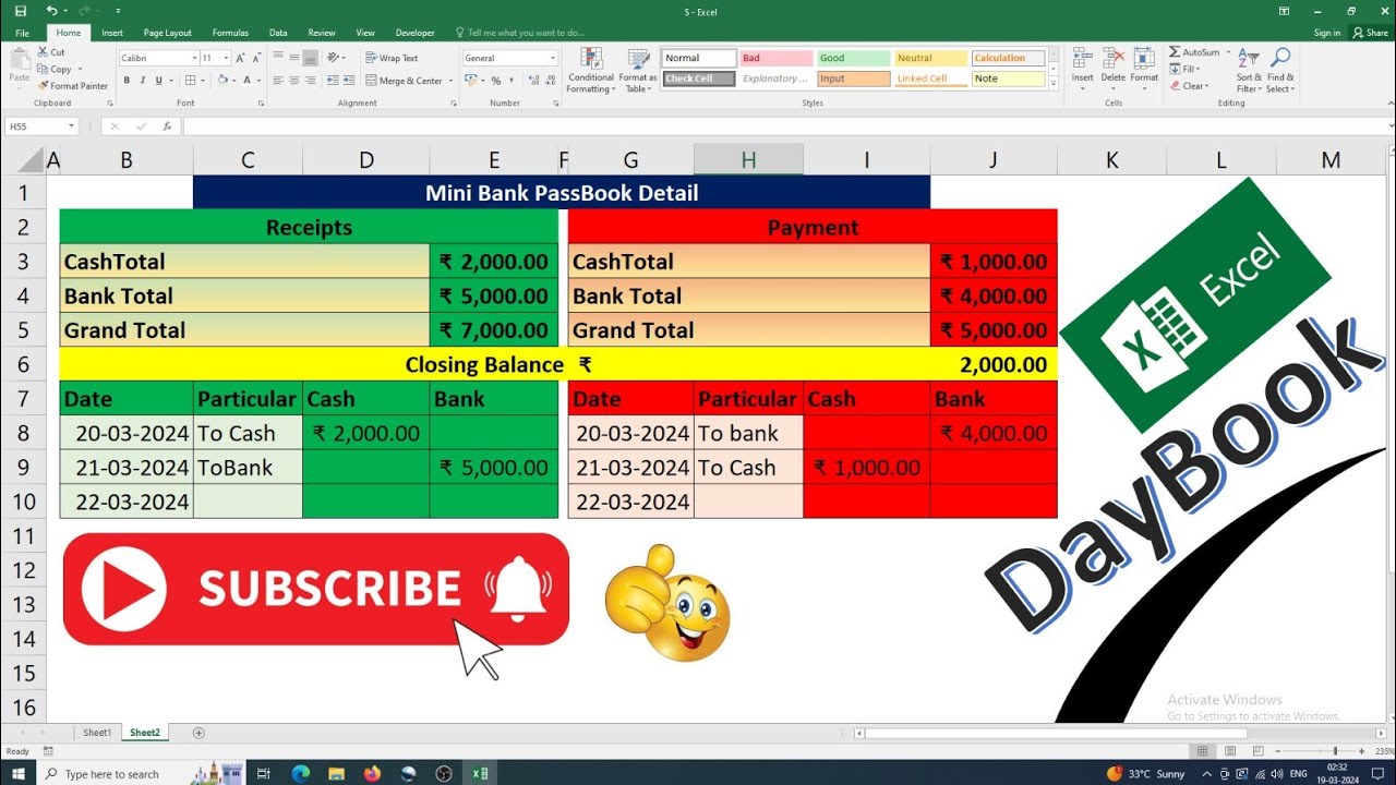 Microsoft Excel Day book mini bank passbook in Hindi | Fully automated ...