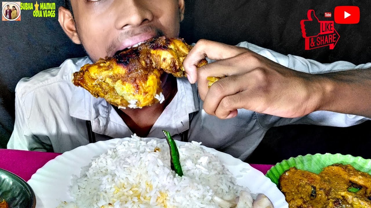 SPICY CHICKEN LEG PIECE , RICE , FISH FRY, SPICY GRAVY, ONION MUKBANG ...