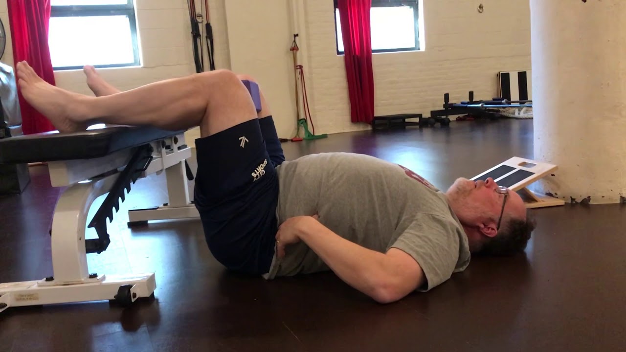 Hammy drags on Bench with hip lift - YouTube