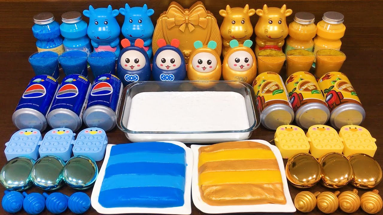 GOLD vs BLUE!!! Mixing Random into GLOSSY Slime!! Satisfying Slime ...