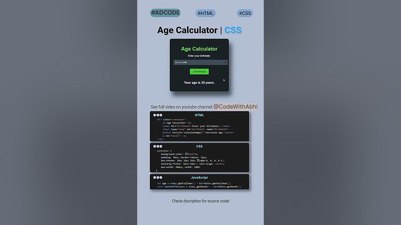 Create age calculator using HTML & css #coding #htmlcss #shortsfeed #shorts #viralshort # ...