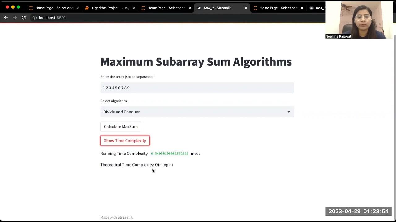 Project Demo 2 | Maximum Subarray Problem | Python | Streamlit | Web App |DC, BF, DP, Kadane's ...