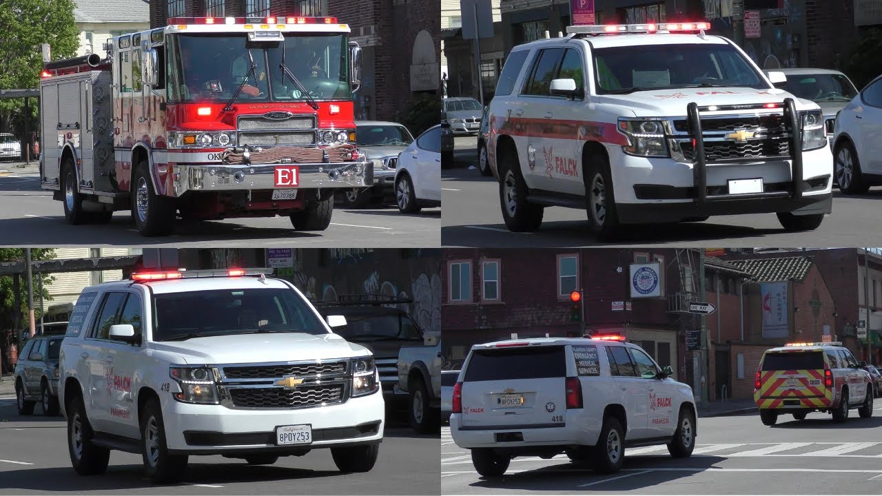 Oakland Fire Dept. Engine 1, Falck Supervisor & Falck QRV Responding ...