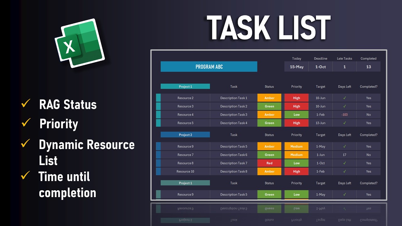 Build a Dark Mode Task List in Excel: Resource, Status & Priority ...