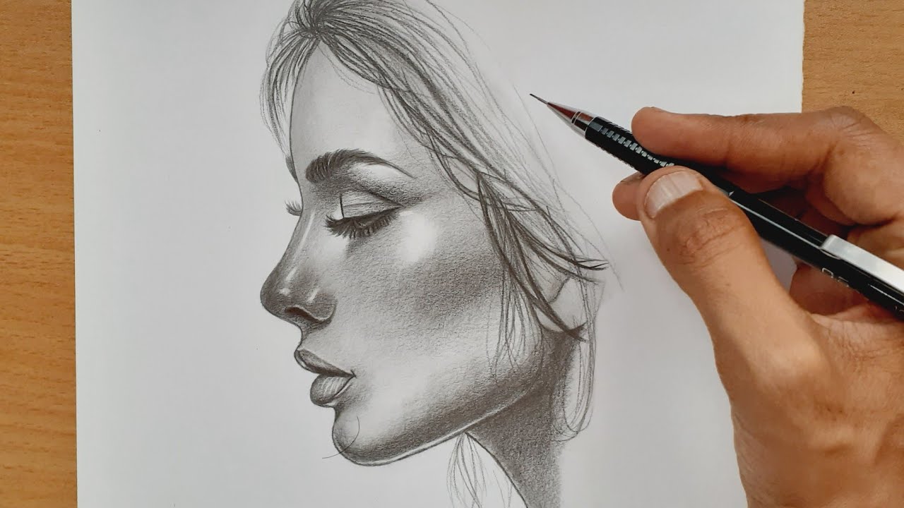 Drawing a girl portrait of side face with freehand method ? - YouTube