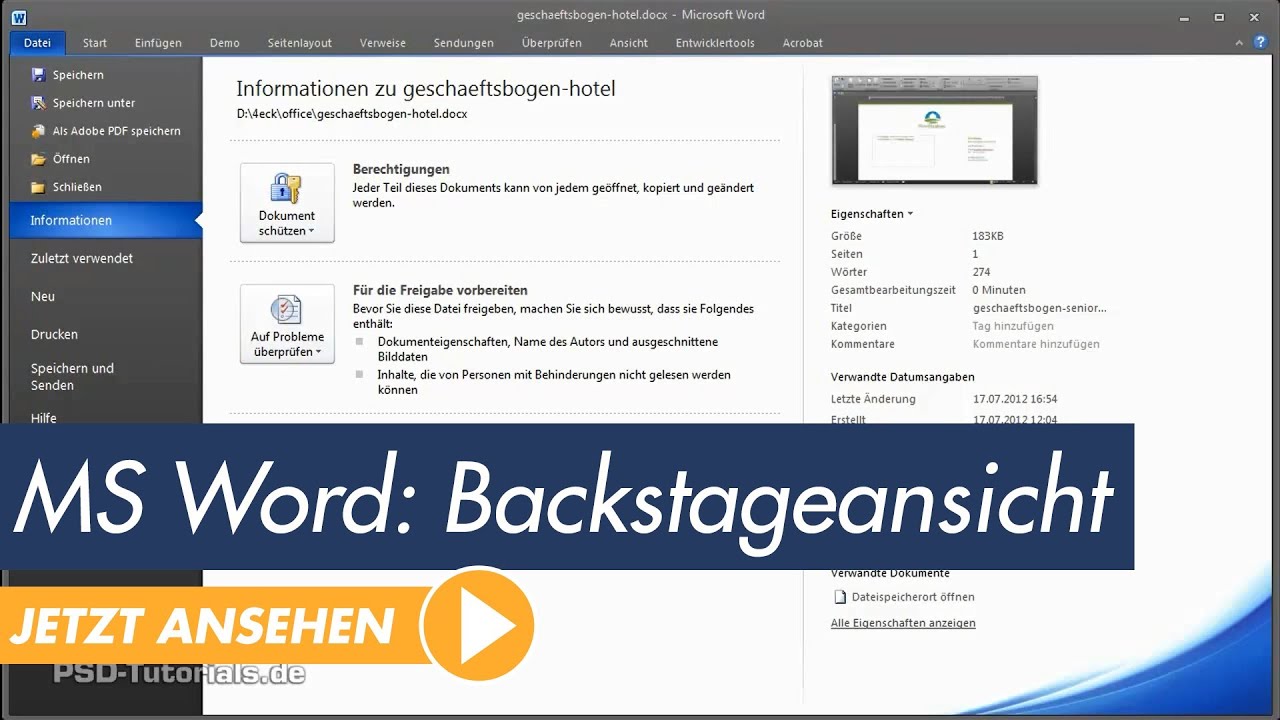 Microsoft Word Tutorial: Backstageansicht - YouTube