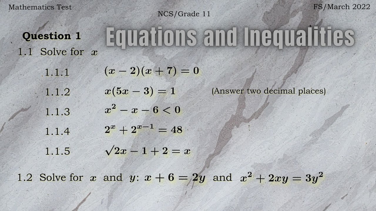 Mathematics grade 11 | Equations and Inequalities | Free state province ...