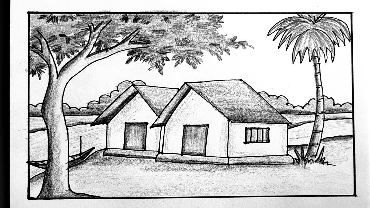 How to draw a simple village scenery for kids pencil sketch / easy ...