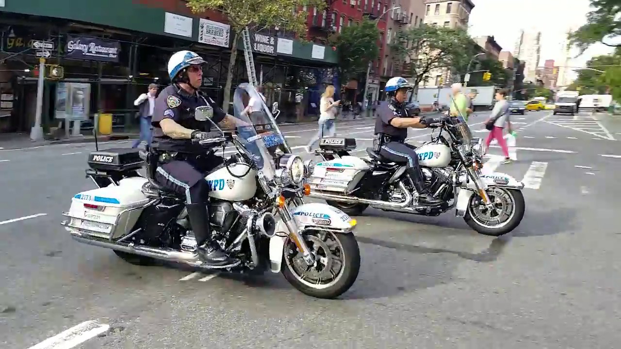 3 NYPD Highway Patrol Motorcycles Passing By On 9th Ave In Manhattan ...