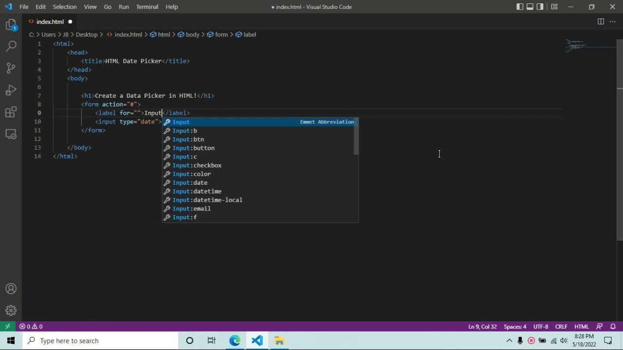 Html Tutorial Create An Input Type Date In A Form Youtube 1146