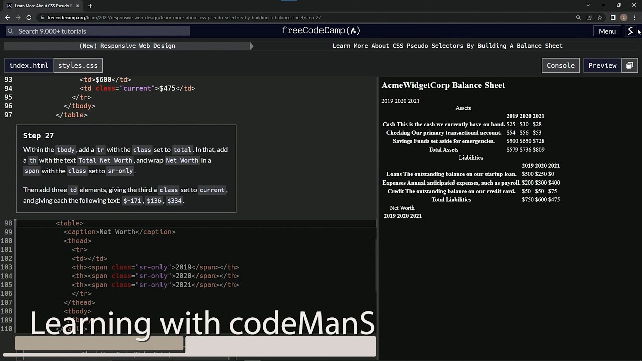 Learn2code Freecodecamp New Responsive Web Design Building A Balance Sheet Step 27 Youtube