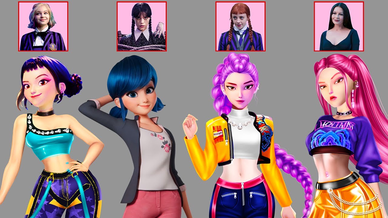 🖤Rumi, Ladybug, Mira & Zoey Transform Into Wednesday Characters! - YouTube