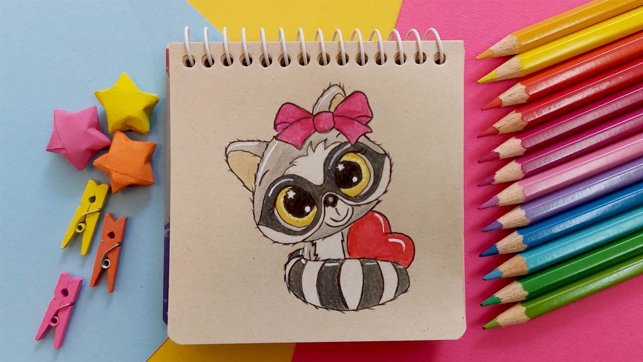 How to Draw a Cute Raccoon: Drawing and Painting a Cute Raccoon Holding ...
