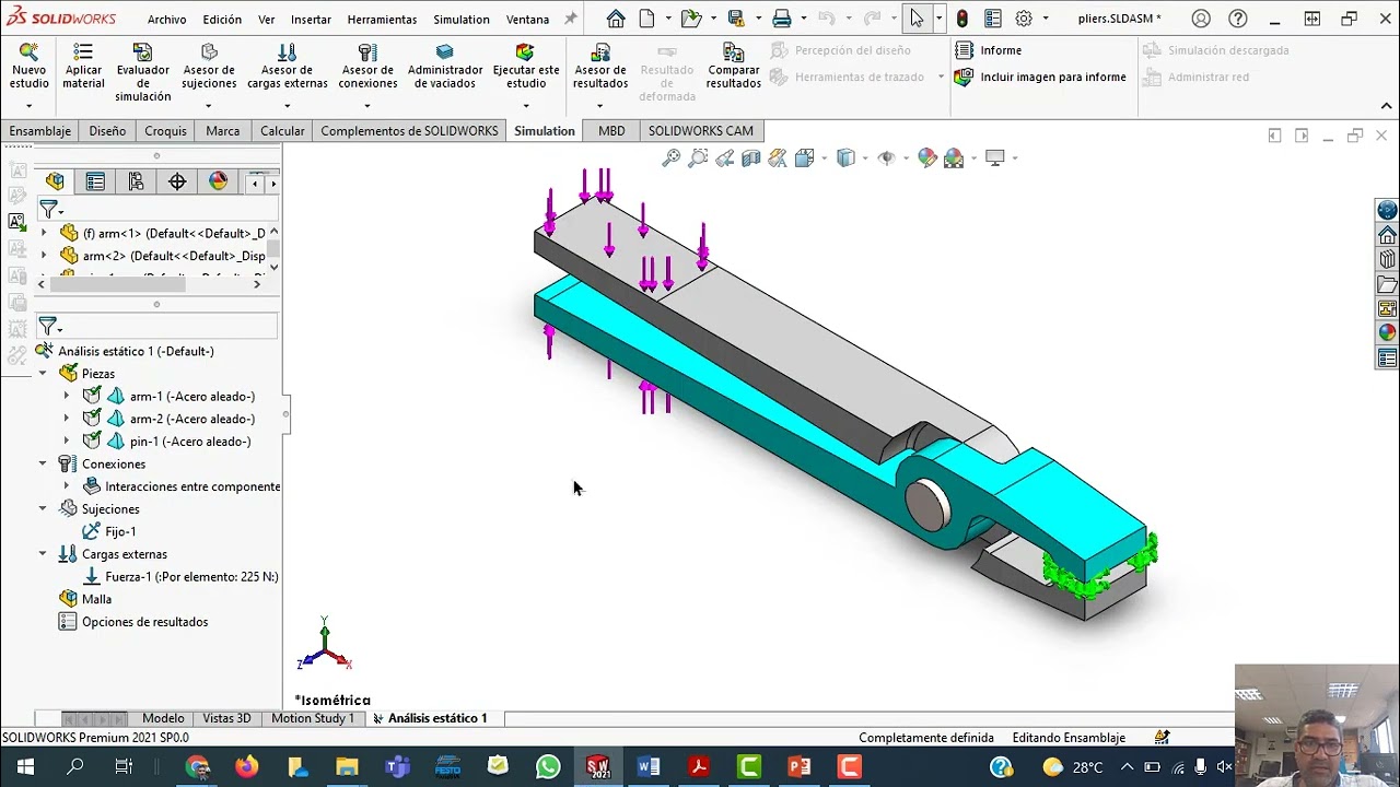 SOLIDWORKS SIMULATION ANÁLISIS DE ENSAMBLES PLIERS - YouTube