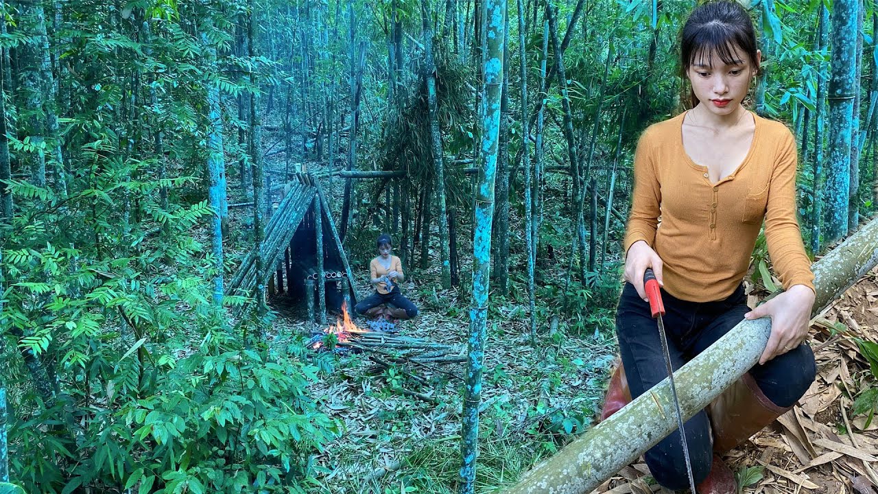 Complete the bamboo shelter alone, make bird trap - bushcraft survival ...