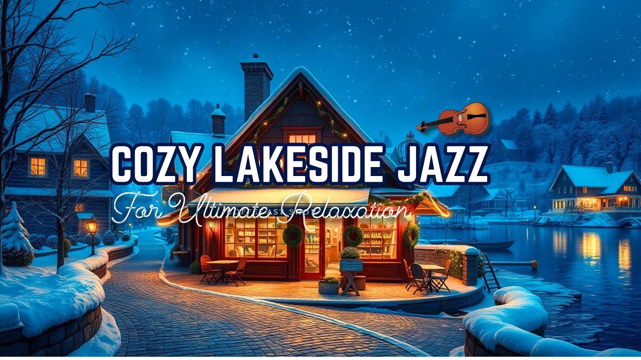 A Charming Lakeside Coffee Shop Wrapped in Snow with Smooth Jazz for a ...