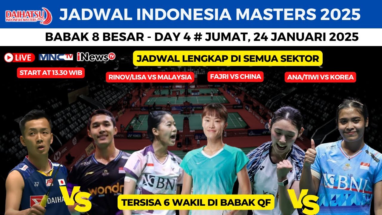 Jadwal Indonesia Master 2025 hari ini, day4 ~ Jojo vs Kenta ~ Jorji vs Sim ~ Putri KW vs Taipei ...