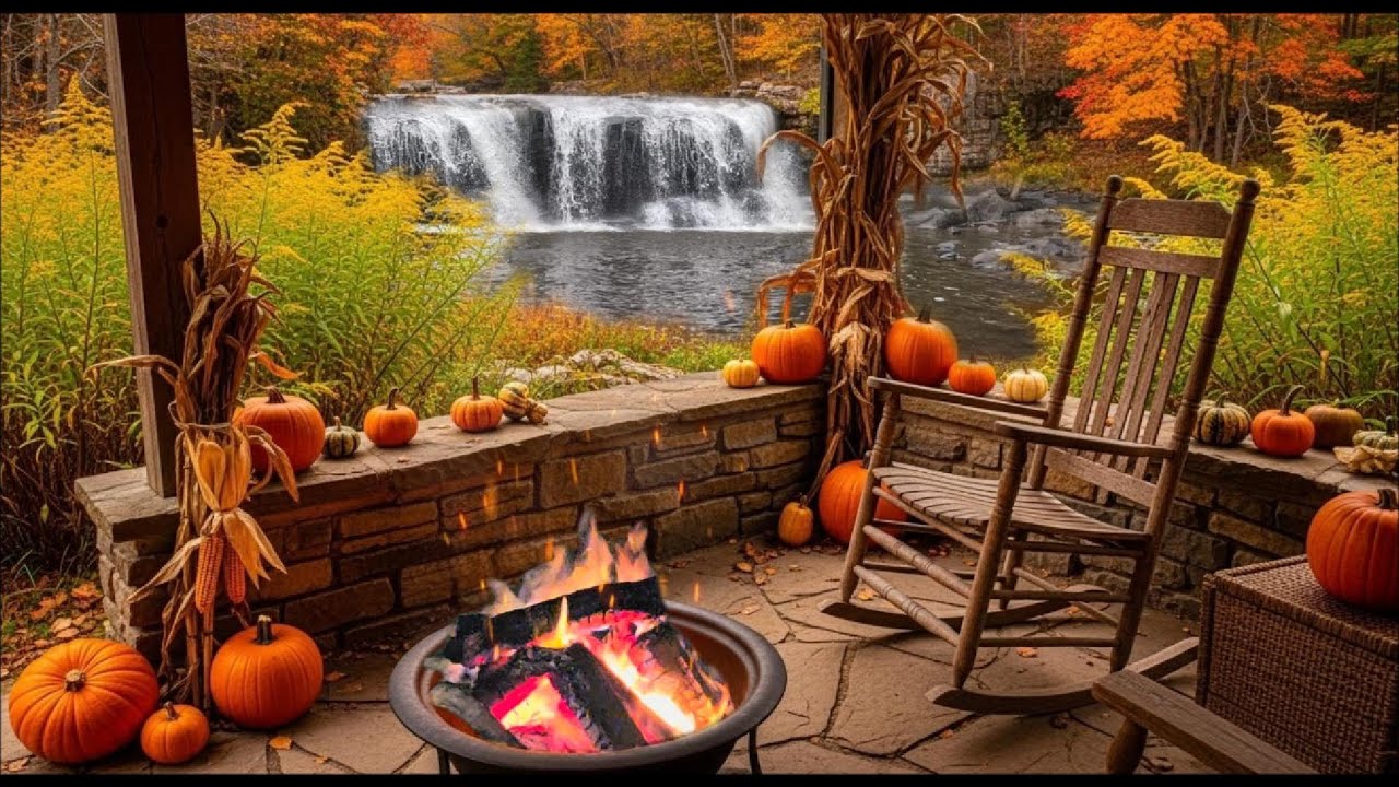 Autumn Porch Waterfall ambience, fire crackling, relaxation, leaves ...
