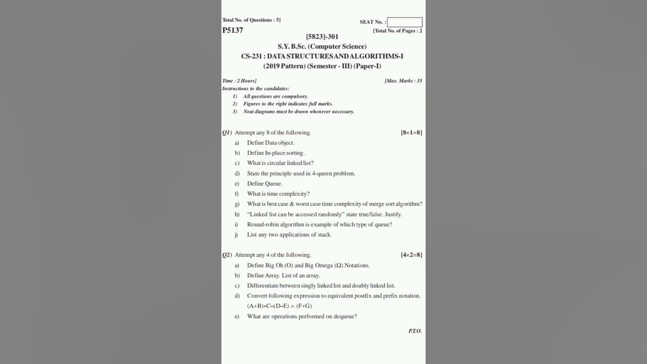 SPPU SY BSC CS Question Paper 2023-24 SEM 3 | DATA STRUCTURES AND ALGORITHM 1 #shorts #sybcs ...