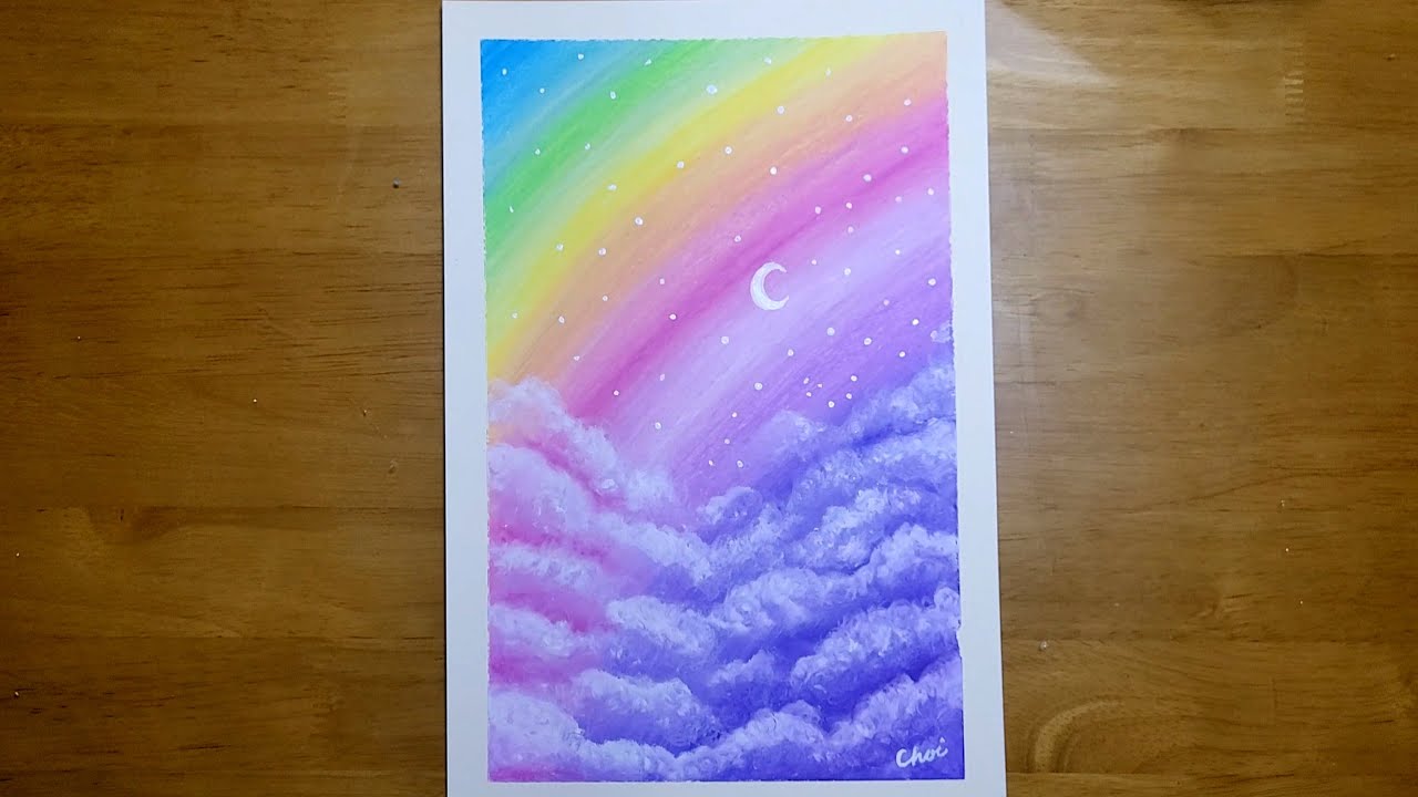 Dreamy Day 🌈Rainbow Sky & Clouds | Step by step Oil pastel Painting # 1 ...
