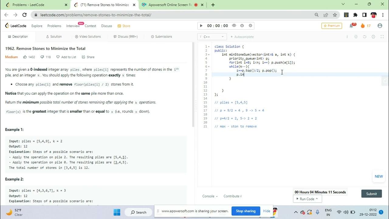 Leetcode 1962. Remove Stones to Minimize the Total | Leetcode daily problem | 28/12/22 - YouTube