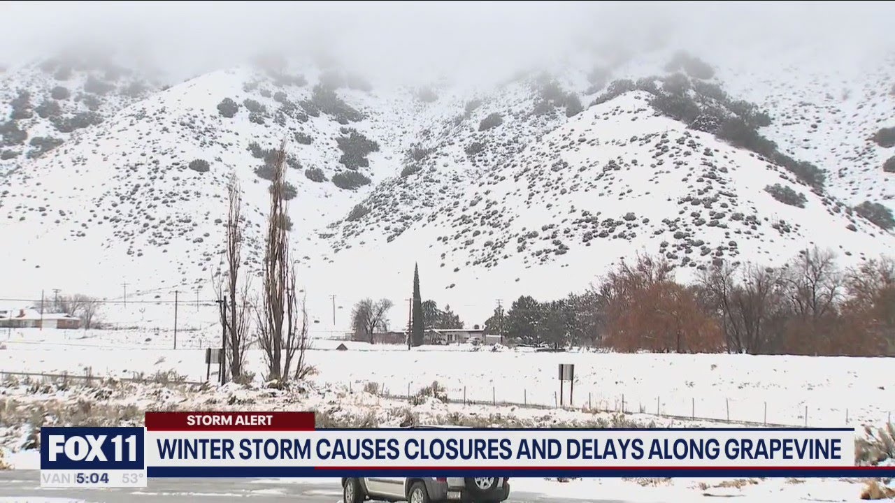 Winter storm causes closure of Grapevine along I-5 - YouTube