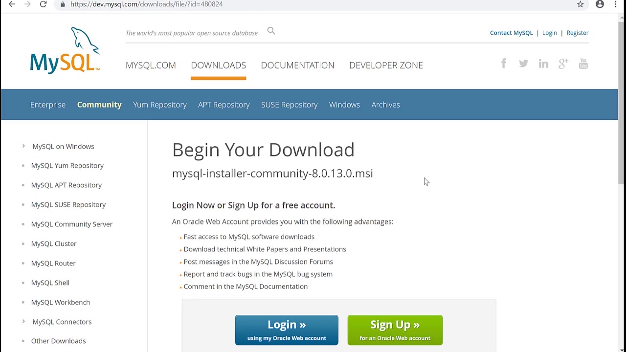 Downloading MySQL Community Server 8.0.13 installer - YouTube