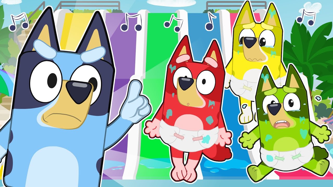 FIVE LITTLE BABIES 🐶💙 With Colorful Bluey Jumping on the Pool - YouTube