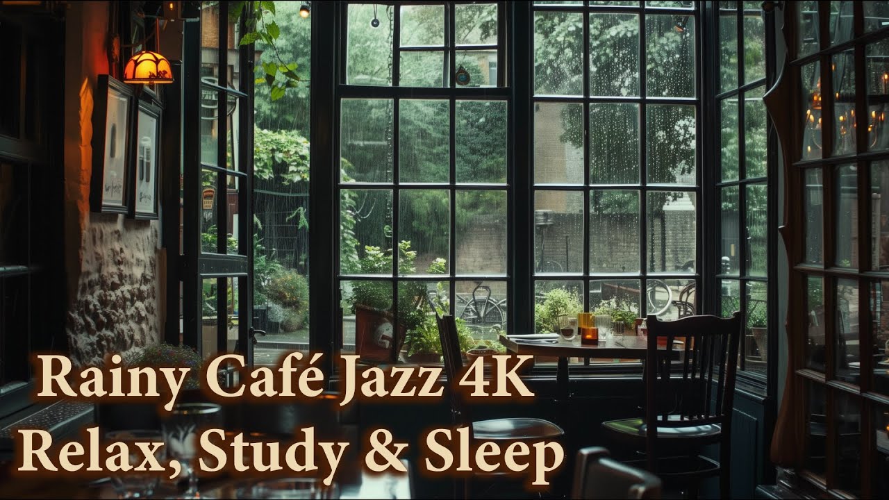 Rainy Café Ambience 4K ☕🌧️ Relaxing Jazz Music with Cozy Rain Sounds ...