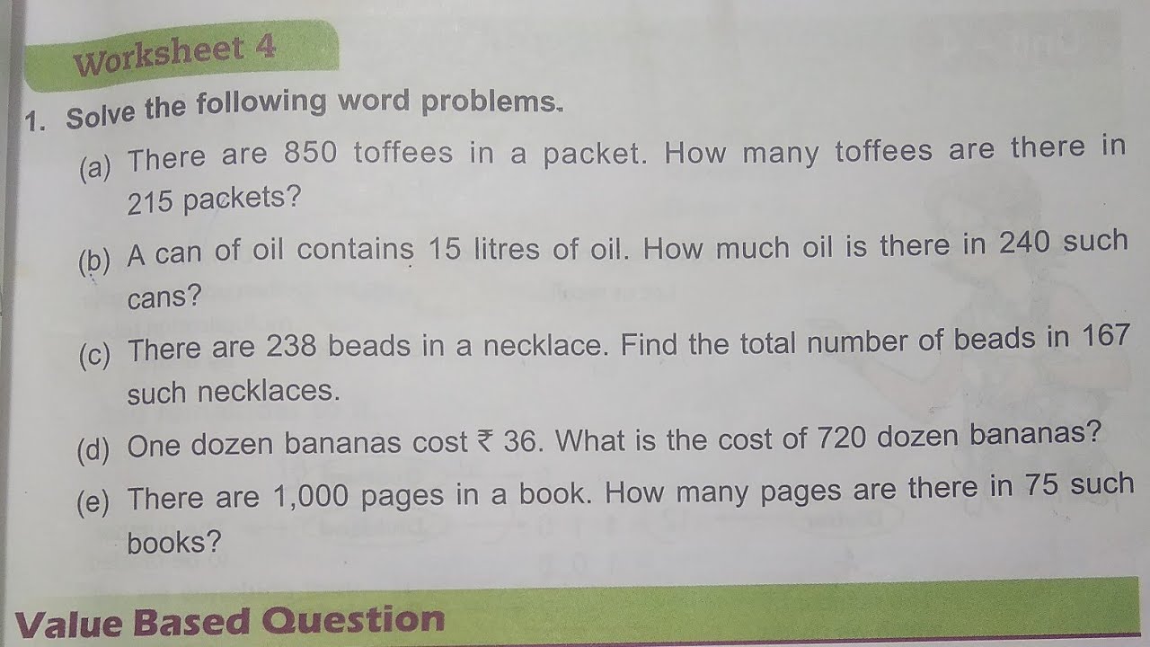 Dav Public School Class 4 Math Unit 3 Worksheet 4 || Multiplication ...