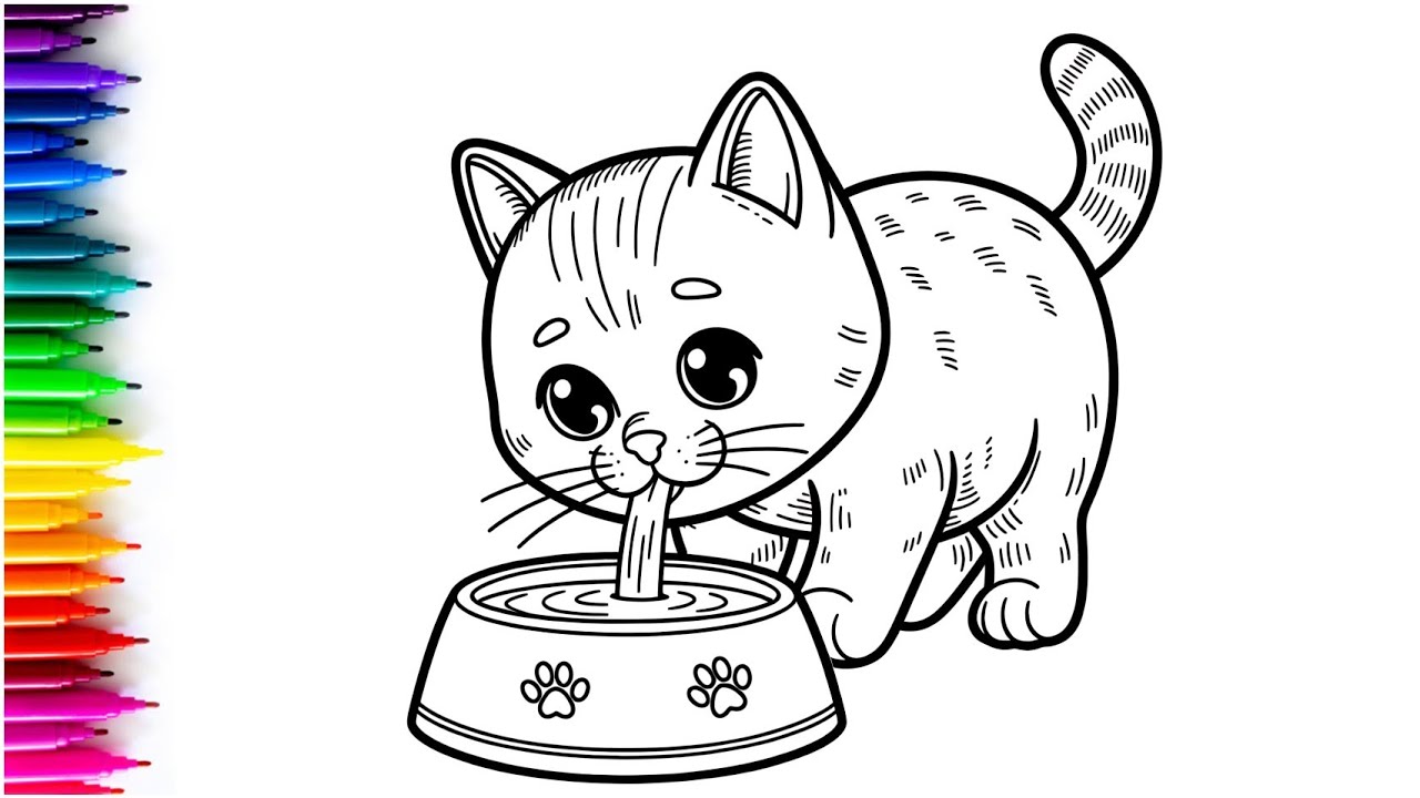 cat sipping from a small bowl drawing and coloring for kids and ...