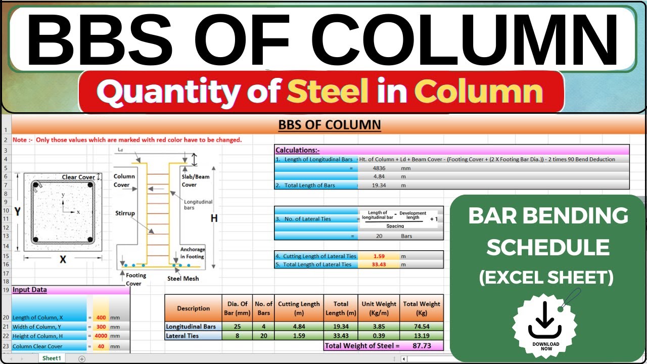 BBS of Column with Excel Sheet | Steel Quantity Calculation | Bar ...