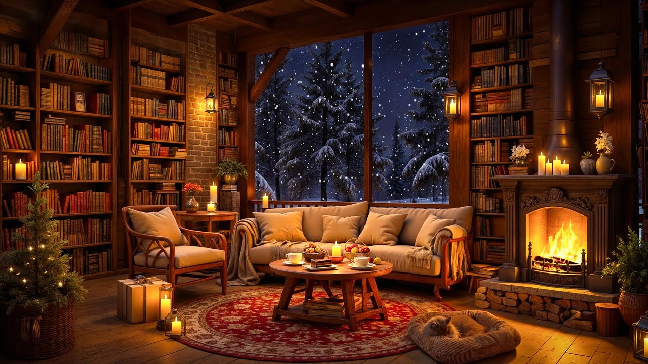 Snowy Winter Evening Ambience in Cozy Cabin with Soft Jazz & Fireplace ...