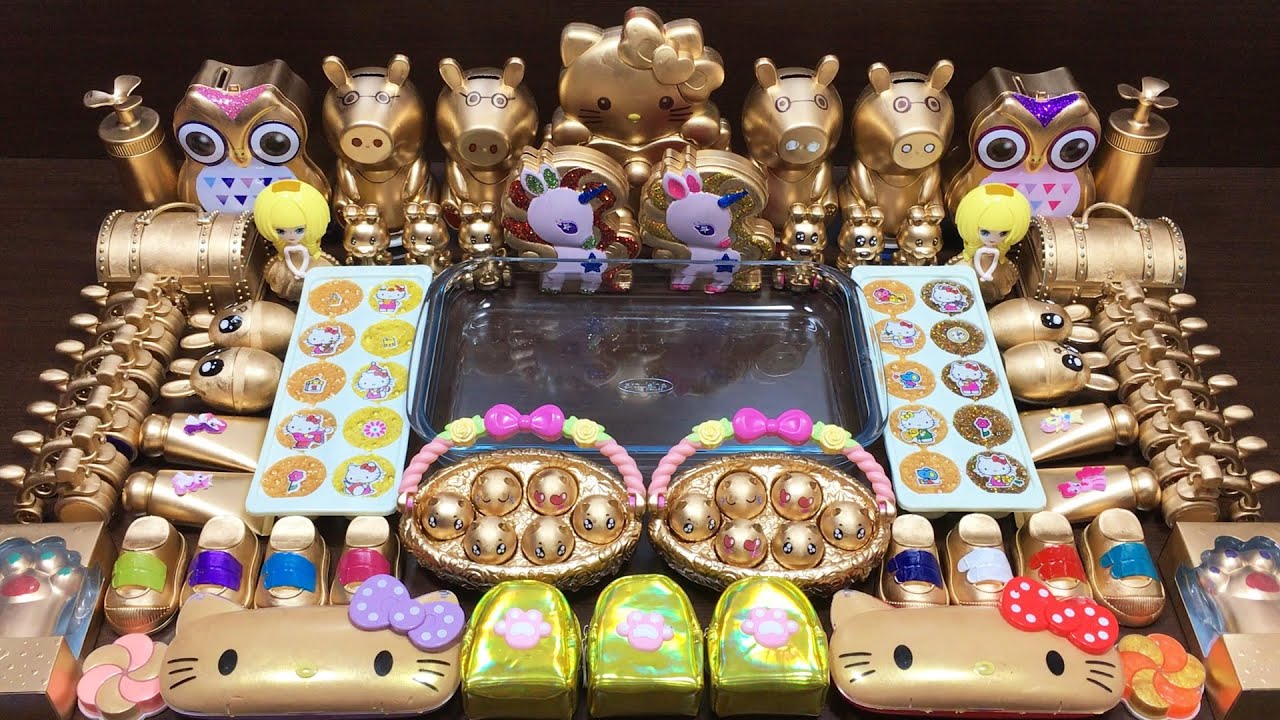 Gold Peppa Pig & Hello Kitty Slime | Mixing Beads And Glitter into ...