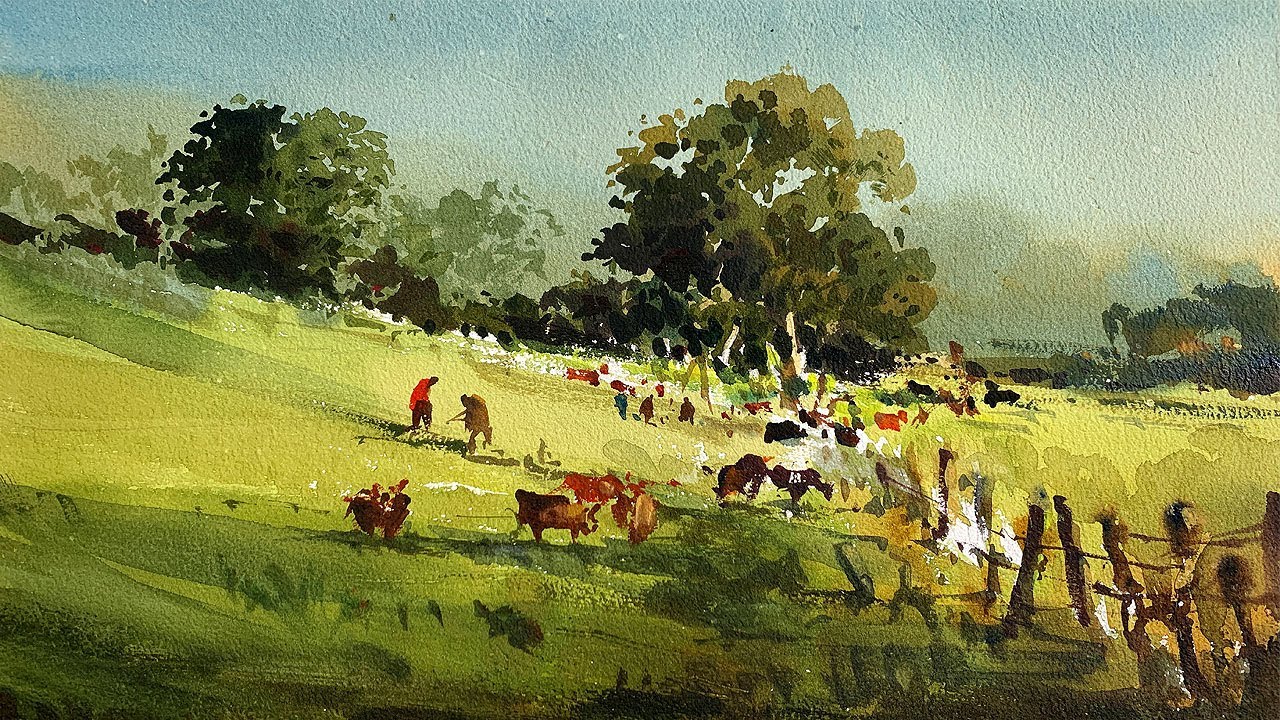How to Paint Cows in Field | Watercolor Landscape Painting Tutorial ...