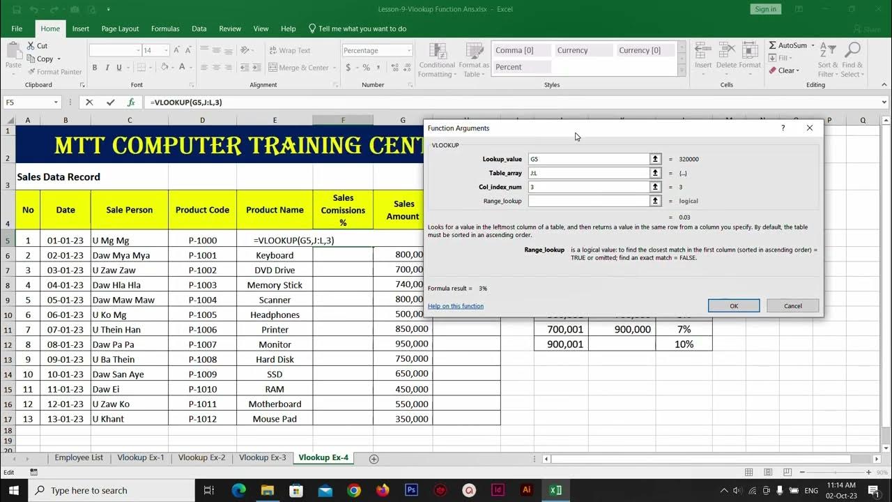 How To Calculate Sales Commissions Using Vlookup Function Youtube