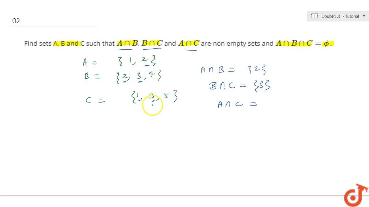 Find sets A, B and C such that `AnnB`, `BnnC` and `AnnC` are non empty ...