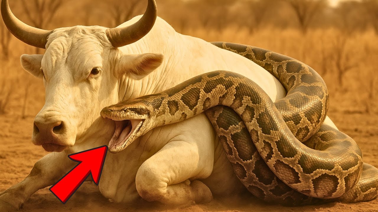Exhausted fighting bull saved from deadly python attack. - YouTube