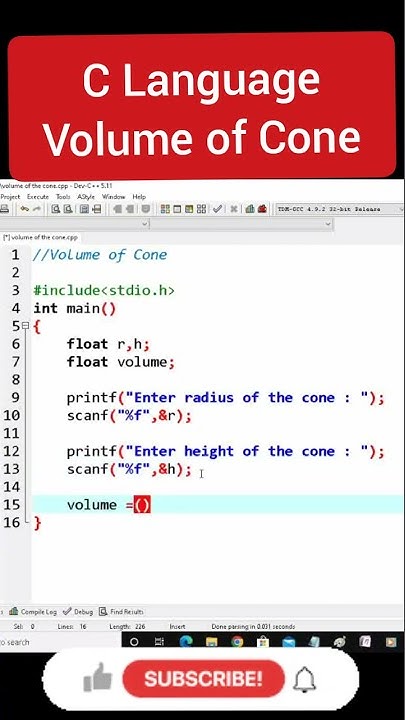 C Language Volume of Cone Calculation |#clanguage#vamshikrishnatutorials #shortsfeed # ...