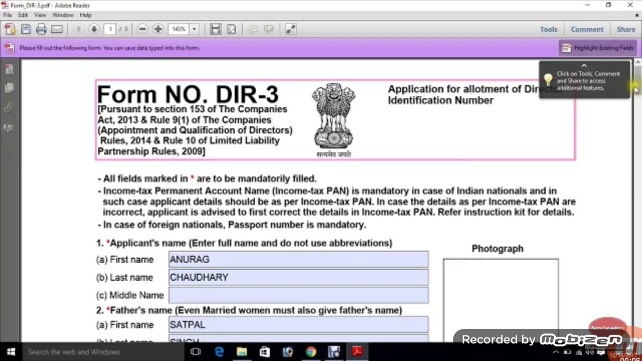 How to apply Form No DIR-3 Director Identification Number?? - YouTube