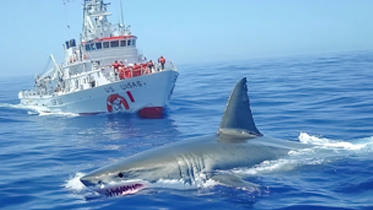 Great White Shark JUMPS on US Coast Guard Ship! - YouTube